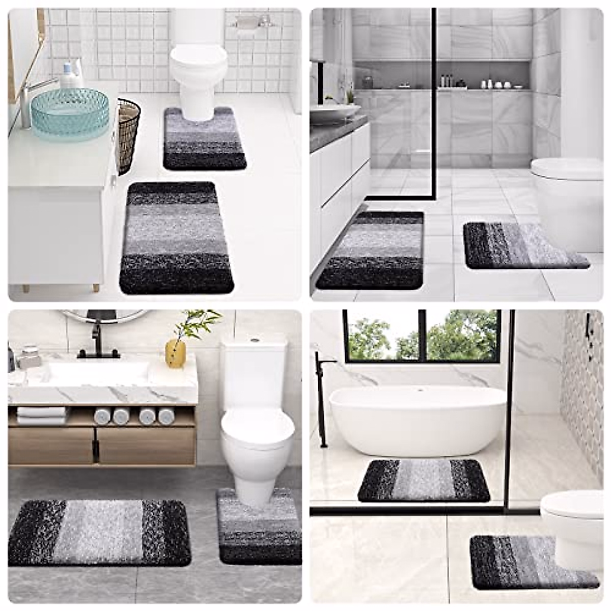 OLANLY Ombre Bath Rug and Toilet Rugs U-Shaped, Bath Rug Size 24x16 and Toilet Rugs Size 24x20 in Black, 2 Item Bundle