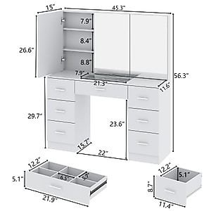 Makeup Vanity Desk with Large Mirror, 46" Modern Vanity Table with Wide Cabinet Mirrors, White Vanity with Tempered Glass Top & 7 Drawers. Makeup Table with adjustable shelf for bedroom(White)