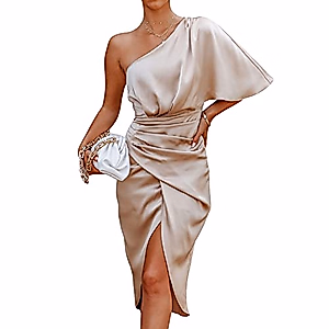 CUPSHE Women Satin Dress Backless One Shoulder Flared Short Sleeves Mid Length High Low Hem Cocktail Party Dress Champagne with Zipper M