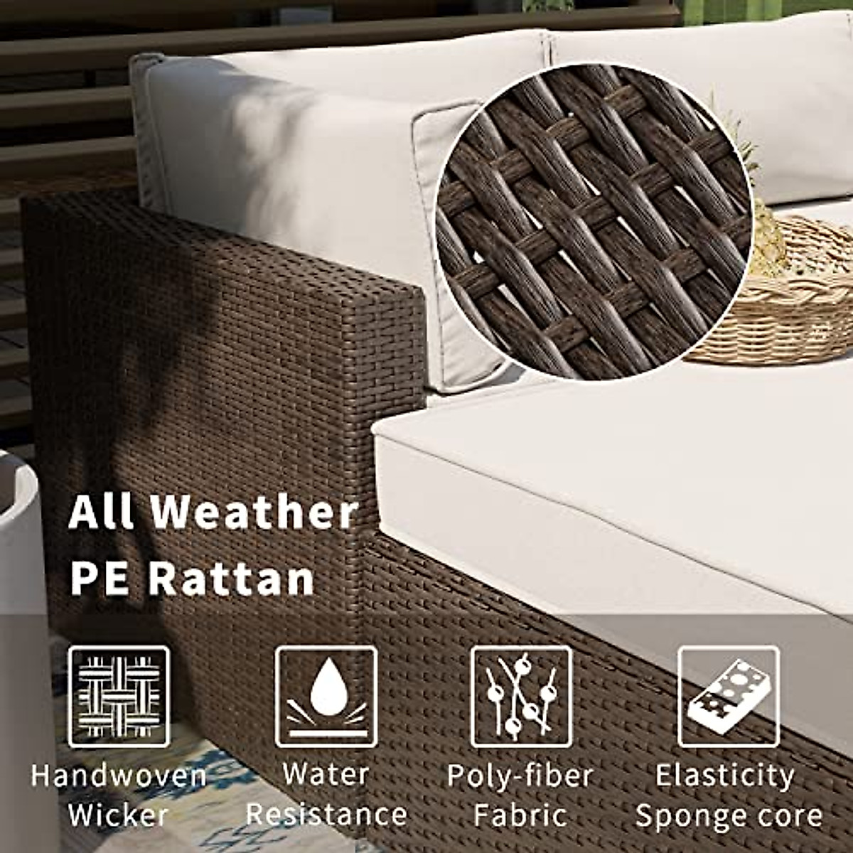 SUNBURY 5-Pieces Outdoor Furniture Set, All-Weather Wicker Patio Conversation Sets Sectional Sofa w 3 Pillows, Cushions, Coffee Table, Ottoman, Patio Furniture Set for Backyard Garden Pool (Off-White)