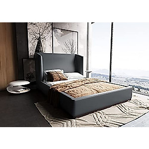 Manhattan Comfort Lenyx Mid Century Modern Faux Leather Upholstered Bed Frame, Queen, Graphite