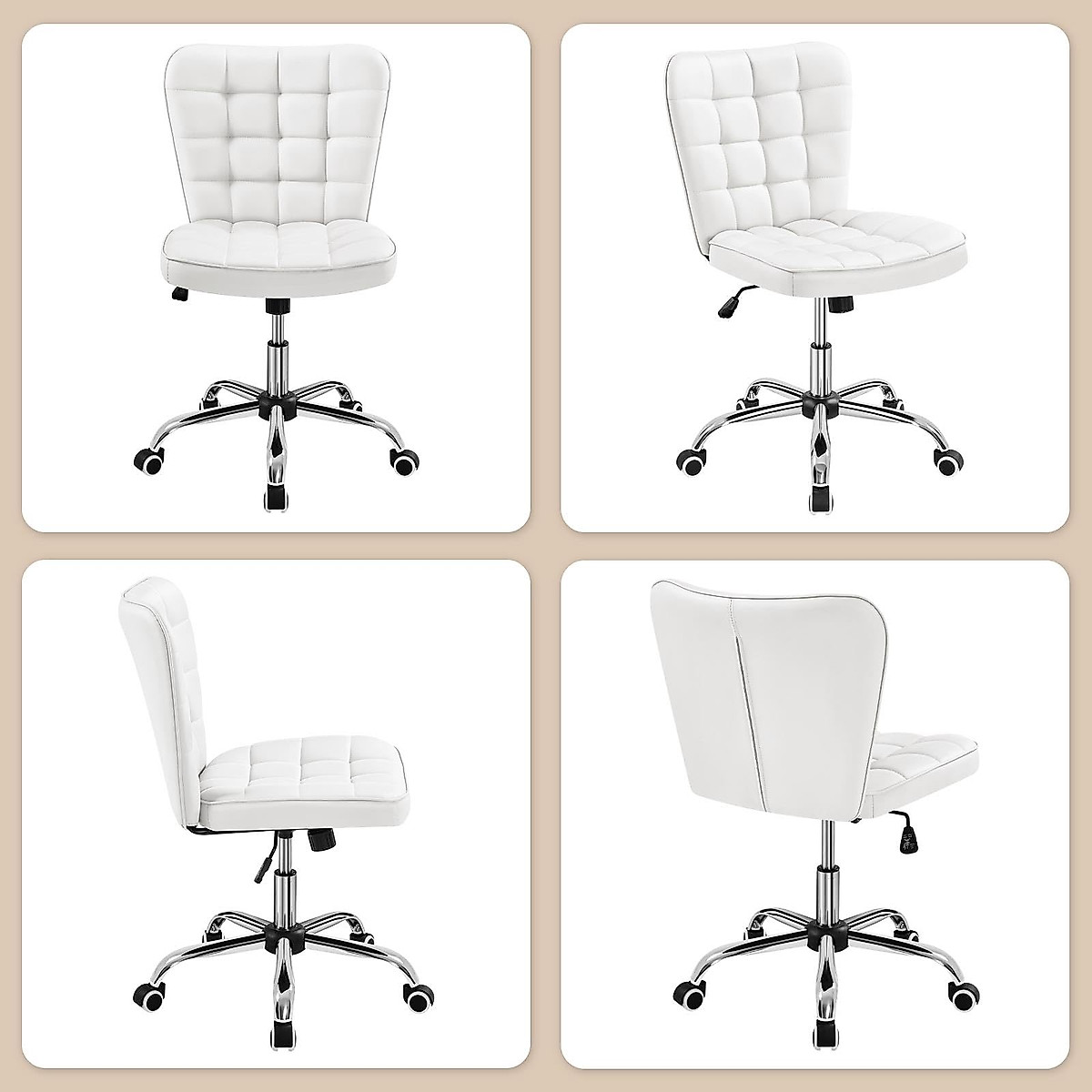 Yaheetech Armless Desk Chair Modern Tufted Office Chair Faux Leather Upholstered Computer Chair with Adjustable Seat Height and Rolling Wheels for Home/Office, White