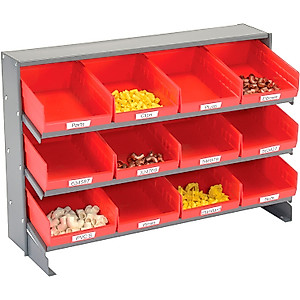 Global Industrial 3 Shelf Bench Rack, (12) 8" W Red Bins, 33x12x21