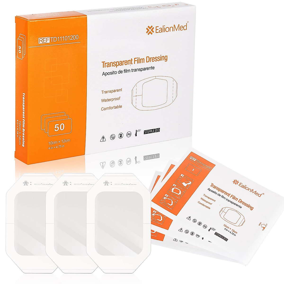 EalionMed Transparent Dressing, Wound Bandage, Adhesive Patch, 4'' x 4.75'', 50 Pack, Clear, Breathable, Comfortable, Shower Shield, Tattoo Bandage