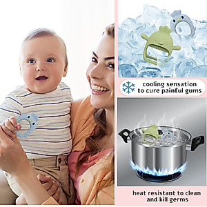 2PCS Chick Shape Baby Teething Toys, Never Drop Hand Wrist Teether, Baby Chew Toys for Sucking Needs, Silicone Baby Mitten Teether for Soothing Teething Pain Relief, Easy to Grip (Green/Blue)