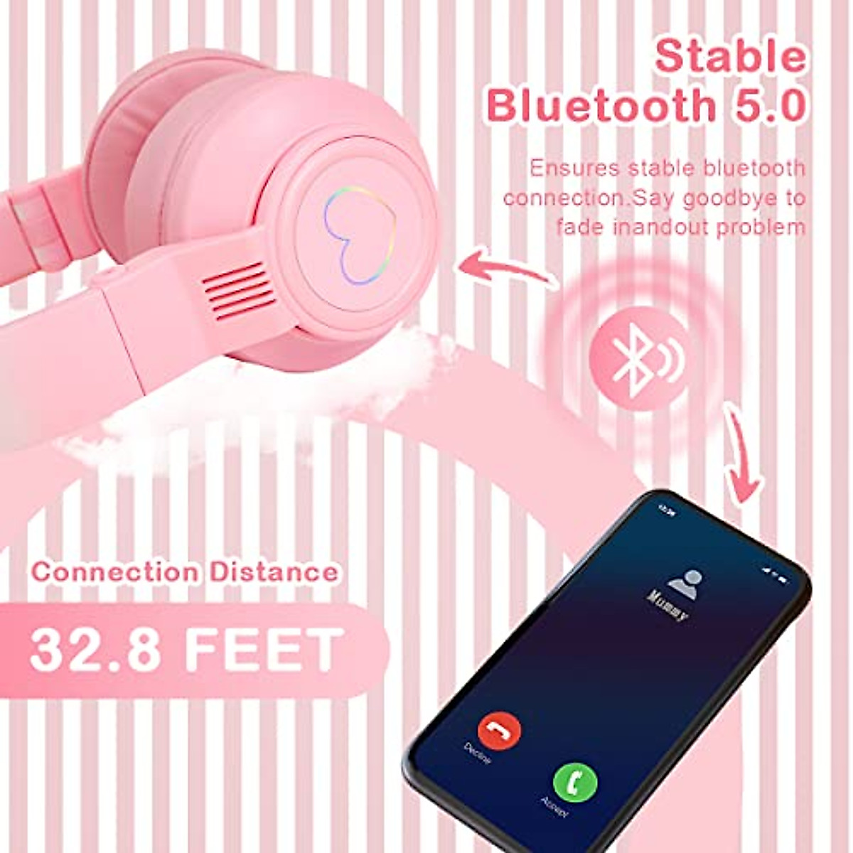 JINSERTA Kids Headphones with Bunny Ear LED Light Up,Noise Cancelling Adjustable Microphone Headset,Wireless Foldable Over-Ear Headphones for Kids Gifts/School/Kids Tablet/Travel (Pink)