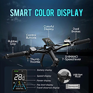 eAhora APUS 2023 Peak 1000W Electric Bike 15AH Battery 26'' Carbon Fiber Electric Bike, 7-Speed Gears 30MPH Ebike,Color Display with USB Port
