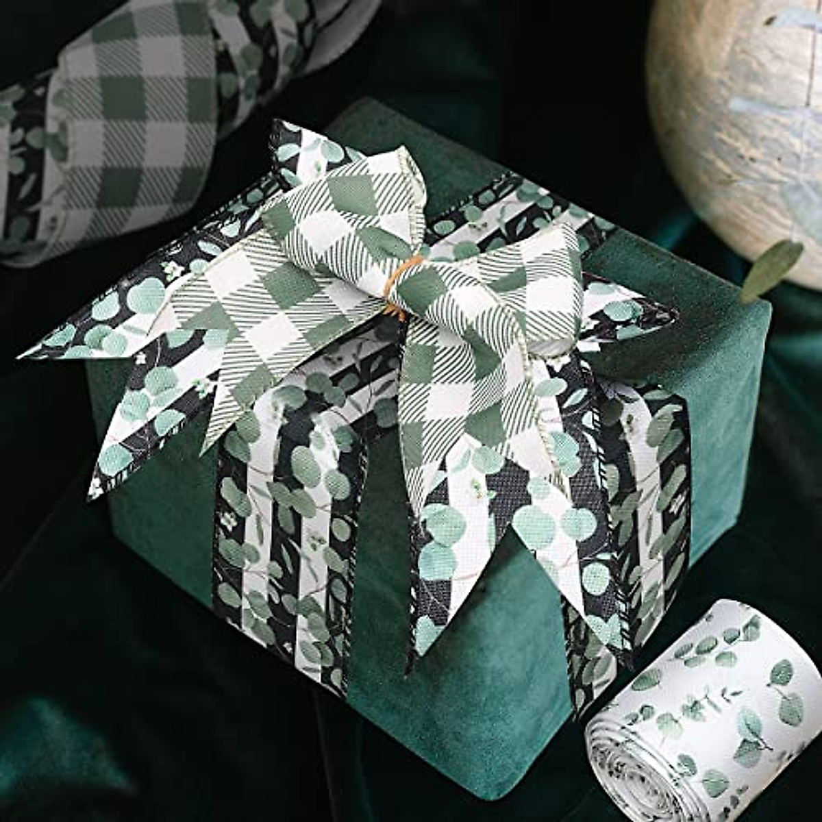 30 Yards Eucalyptus Wired Ribbon Sage Green Leaves Burlap Ribbons Greenery Decorative Ribbon Checkered Stripe Ribbon for Wedding Party Bridal Bouquets Spring Bow Wreath Making DIY Crafts