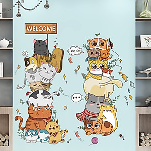 RAINBOW WSK Animal Cat Wall Decal Welcome Peel and Stick Wall Decor Funny Cat Wall Decor for Kids Girls Bedroom Nursery Cute Cat Wall Art for Classroom Door Removable Vinyl Wall Stickers