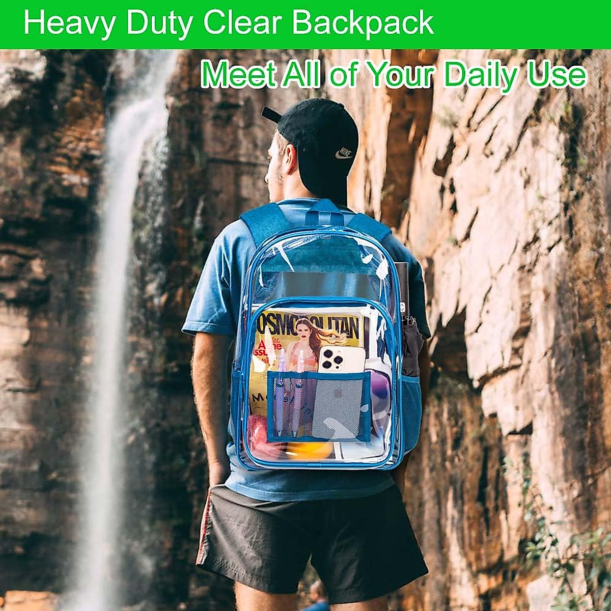 gxtvo Clear Backpack, Heavy Duty Transparent Bookbag, See Through Backpacks for Women Men- Navy