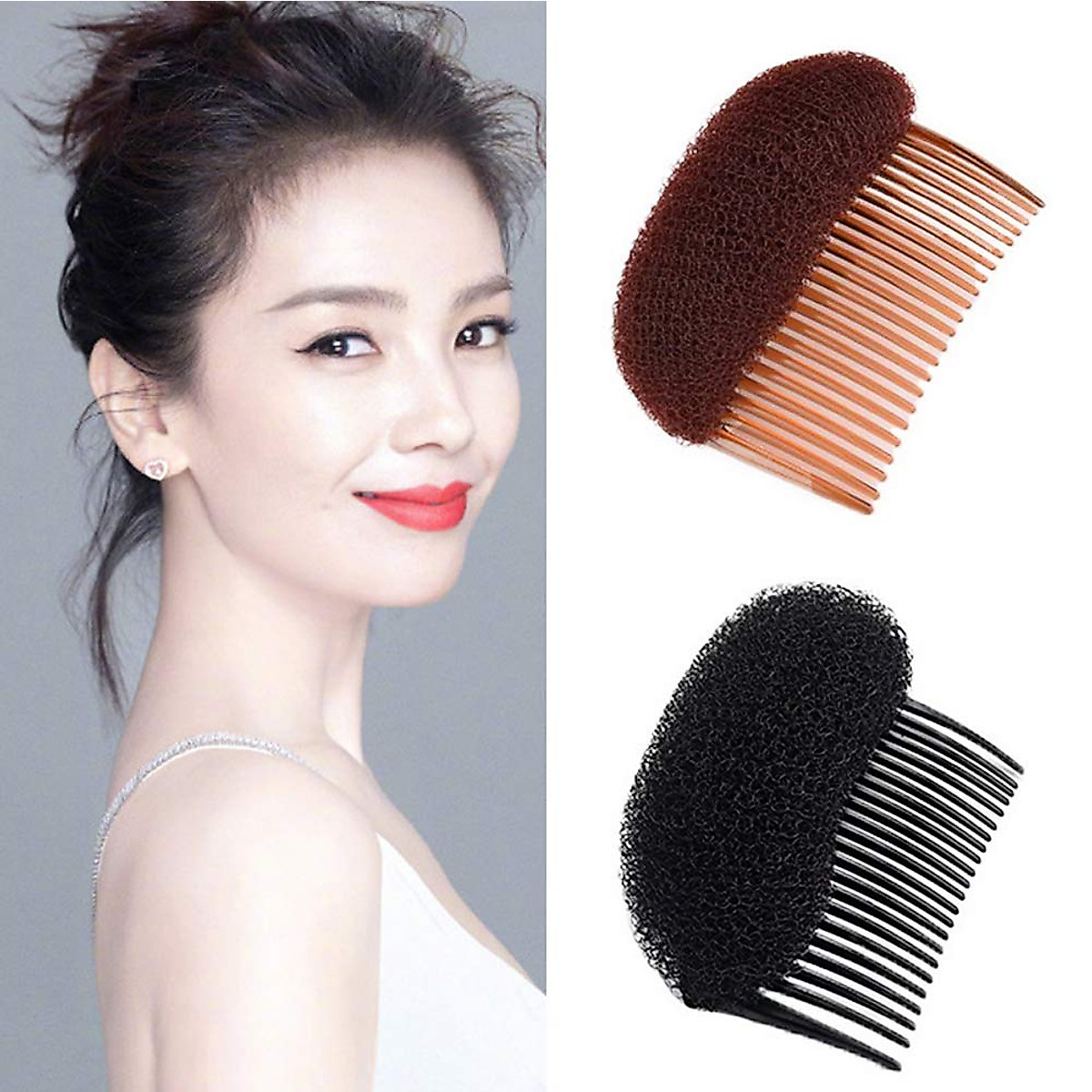 2PCS Hair Clip with Sponge Base Inserts, Bump It Up Pads, Bun Maker, Styling Accessories, Charming Comb Braid Tool (Brown)