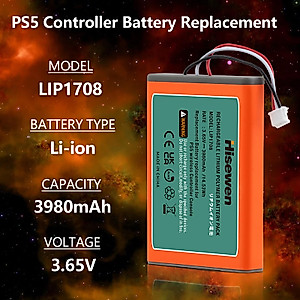 Hisewen PS5 Controller Battery 2 Pack, 3980mAh LIP1708 PS5 Battery Pack for Sony PlayStation 5 PS5 DualSense CFI-ZCT1W Wireless Controller