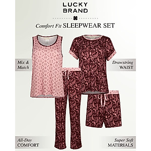 Lucky Brand Women's Pajama Set - 4 Piece Short Sleeve Shirt, Tank Top, Sleep Pants, Lounge Shorts, Size Medium, Red