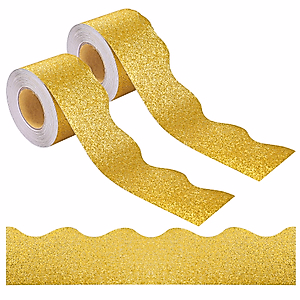 131 Ft Gold Glitter Bulletin Board Borders Gold Scalloped Bulletin Board Trims Shiny Decorative Border Trims Sparkle Self-Adhesive Border Stickers for Classroom School Home Office Blackboard Desk