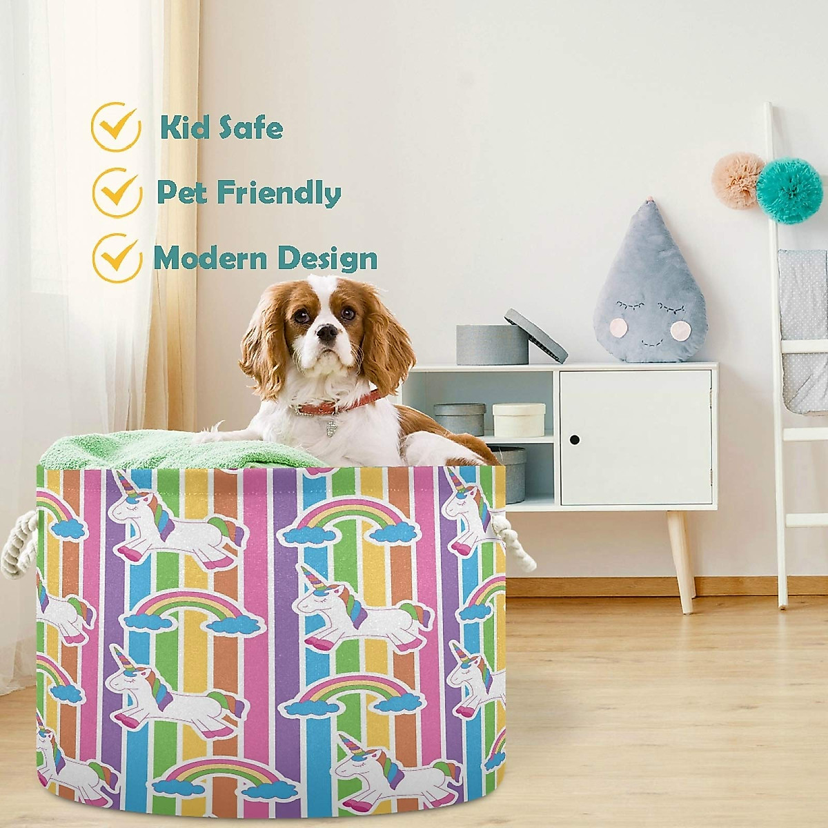 visesunny Storage Basket Unicorn Rainbow Stripe Nursery Hamper Basket Clothes Toy Storage Organizer Bin Box Collapsible Laundry Bag for Kid Room,Playroom,Bathroom,Living Room,Dorm