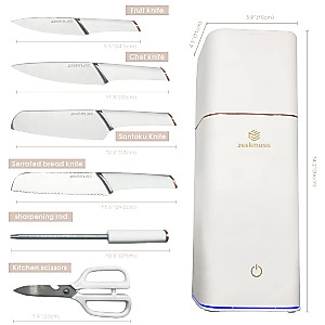 ZEEKMUSS Knife Set Knife Sets for Kitchen with Block 6-Piece Stainless Steel Block Knife Set with Sharpener Kitchen Scissors Smart Knife Holder Keep Clean and Dry Kitchen Home Gift (White)