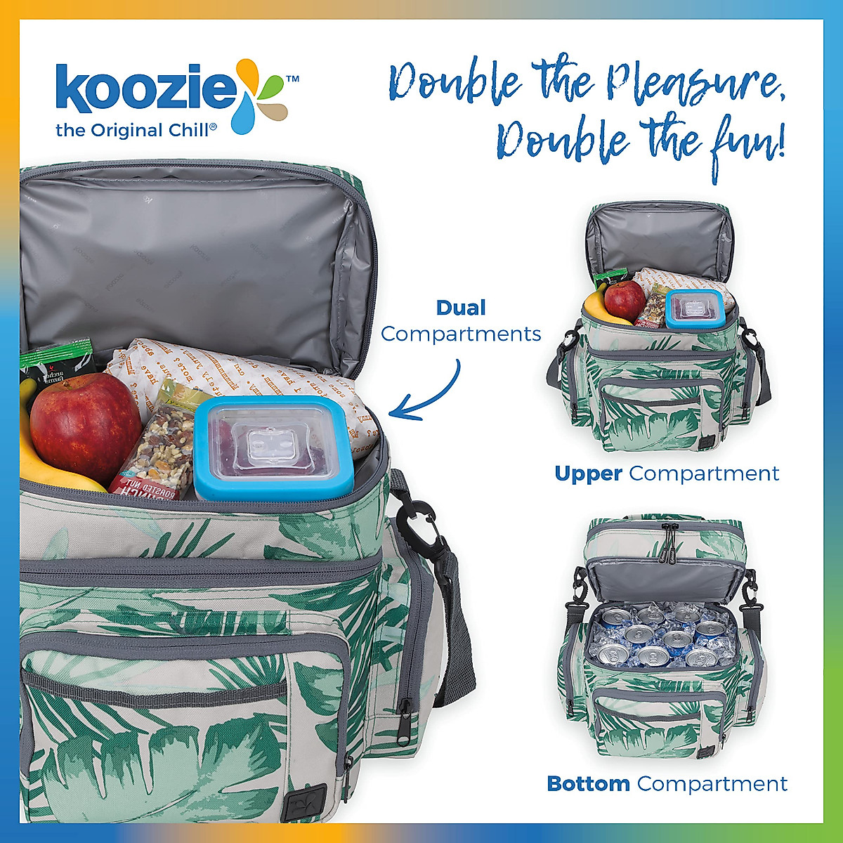KOOZIE Dual Compartment Cooler Lunch Bag for Women - Large Double Decker Insulated Lunch Box with Removable Shoulder Strap - Resuable Lunch Tote for Work, Travel, Beach, Picnic (Tropical)