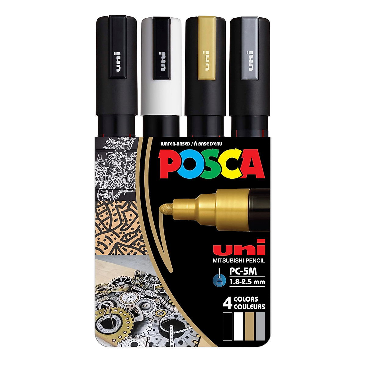 posca Markers Set, 4 Medium Paint Markers 5M – Mono Tones – Black, White, Gold, Silver