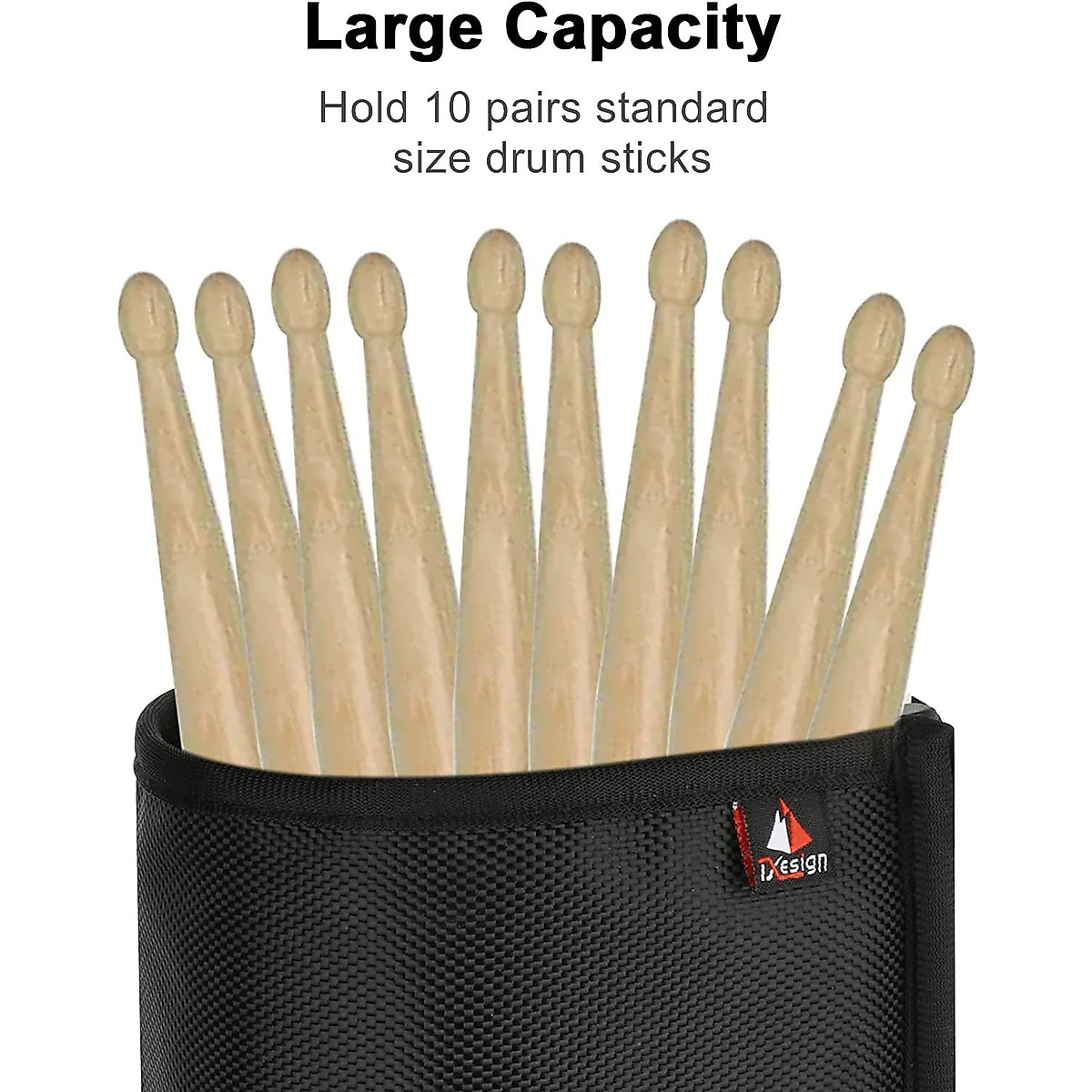 TXEsign Drumstick Holder Drum Sticks Holder Bag for Drumsticks Brushes Mallets Up to 10 Pairs, Two Straps Attach to Drum Kit & Music Stand (Black)
