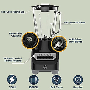 iCucina Countertop Smoothie Blender for Kitchen with 48 oz Glass Jar, 700W Professional Glass Blender for Shakes and Smoothies, Frozen Fruits, Baby Foods, 12-Speed for Mix, Puree, Ice Crushing and Easy Clean, Black, Licuadoras