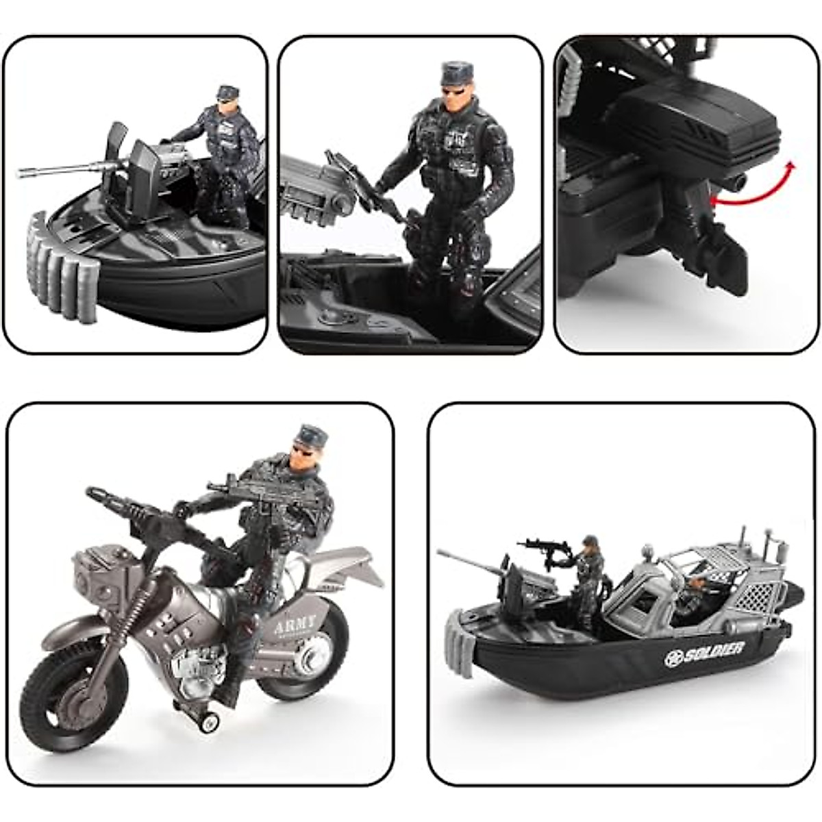 JOYIN 9 Pcs Combat Boat and Military Vehicle Toys Set with Realistic Military Combat Boat, Mini Helicopter, Motorcycle, Army Men Toy Soldiers Action Figures and Other Equipment Accessories