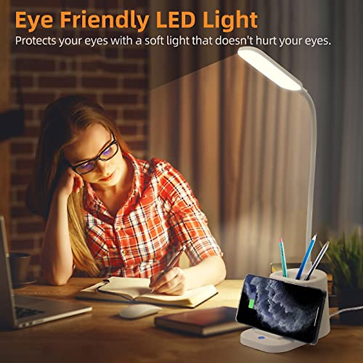 IIOSUYUI Desk Lamp for Home Office, Wireless Charger LED Desk Light with USB Charging Port, 3 Modes Table Lamp with Pen Holder Phone Holder, Desk Lamps for Students Kids