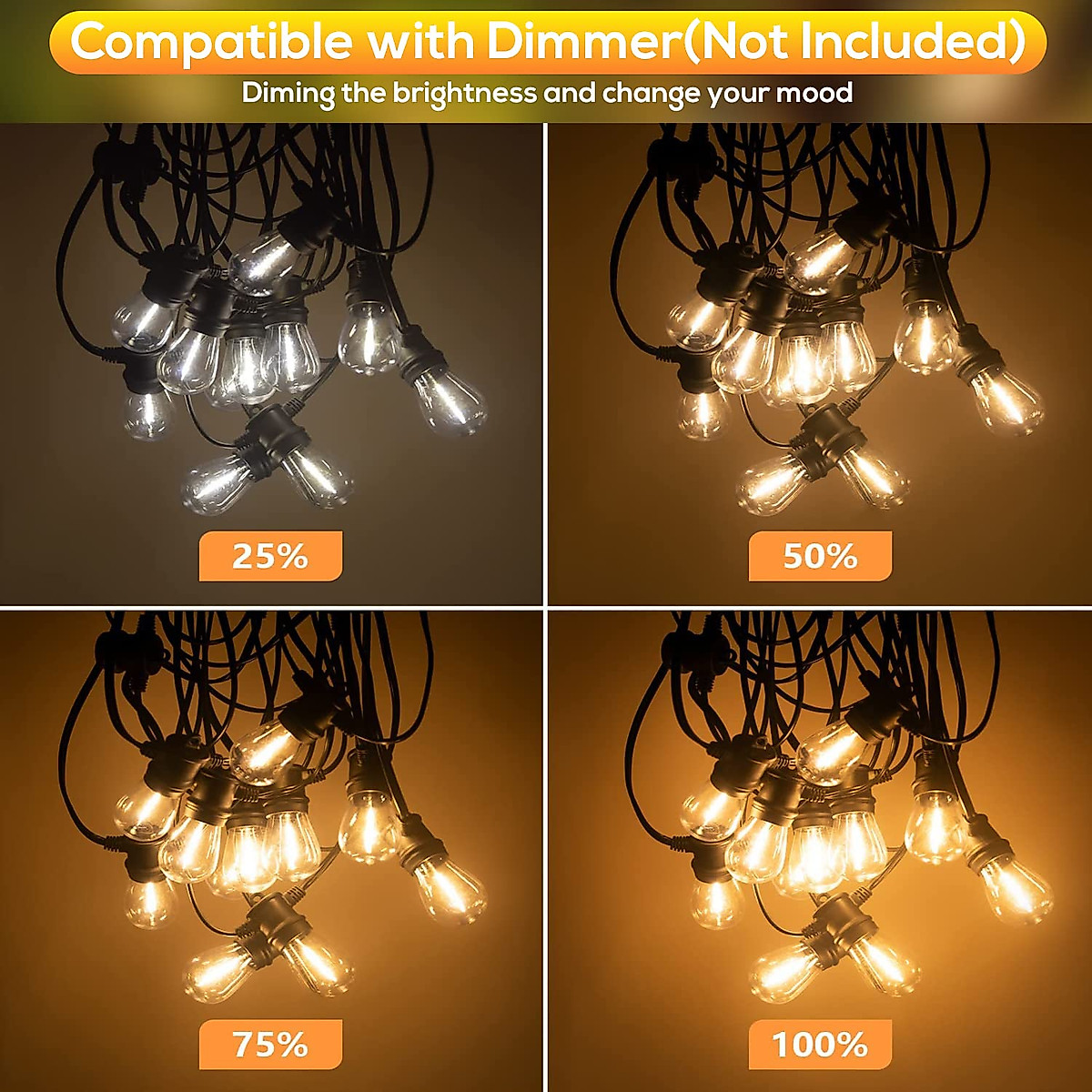 FMART LED Outdoor String Lights, 2*50FT(100FT Total) Hanging Lights Dimmable Commercial Grade UL ETL Listed Waterproof, 2X15 Sockets 1W 2700K Shatterproof Edison S14 Bulbs(2 Spare) Heavy Duty Lights