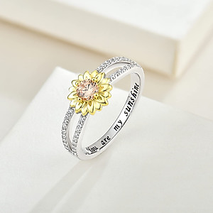 STARCHENIE Sterling Silver You are My Sunshine Sunflower Statement Ring with Cubic Zirconial Band Rings for Women Size8