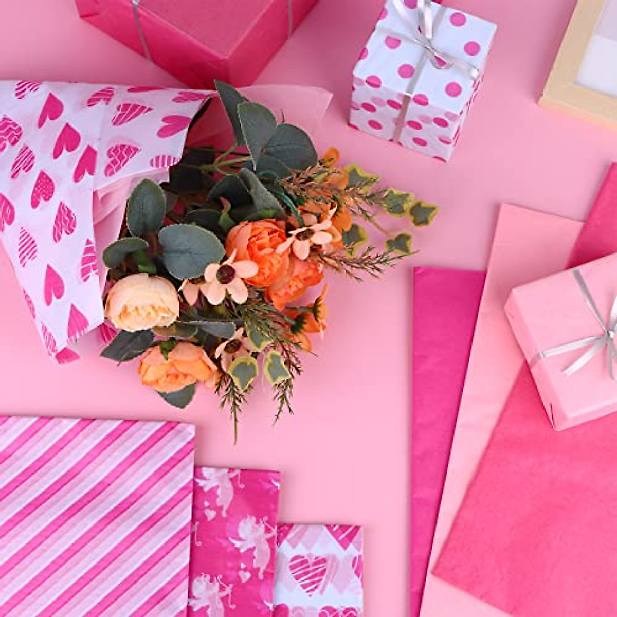 Kavoc 60 Sheets Huge Size Valentines Day Tissue Bulk, 20 x 30 inch Hot Pink Rose Red Love Heart Cupid Tissue Paper for Gift Wrapping, Gift Bags, Valentine's Day, Mother Plot, Birthday Party