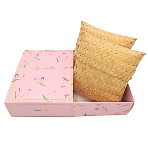 Sticky Rice Basket 4(3.5) x 4(3.5) In., Kratip Bamboo Steamed Sticky Rice Container, Thailand Handmade Serving Basket, Original Color, Thai and Laos Flat Kratib for Home, Restaurant (Flat Kratip 2)