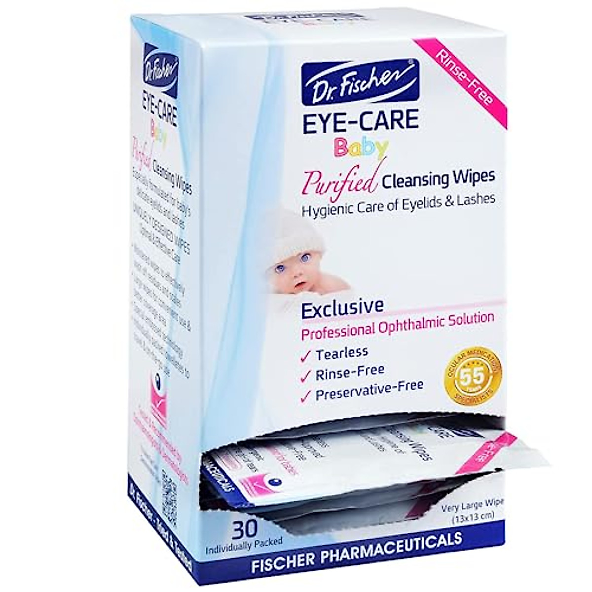 Purified, Non Irritating, Tear Free, Hypoallergenic & Sensitive Approved Baby Eyelid Wipes by Dr. Fischer – Pre-moistened, Rinse Free and Pediatrician Recommended - (30)