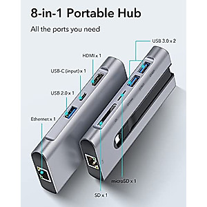 ESR 8-in-1 Portable Hub, USB-C Hub with Gigabit Ethernet, 4K@30Hz HDMI, 100W PD, 2 USB 3.0 Ports, 1 USB 2.0 Port, SD Card Reader, Compatible with iPad 10/Pro 11/12.9, MacBook Pro, and USB-C Devices