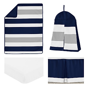 Sweet Jojo Designs Navy and Grey Stripe Baby Boy Girl Nursery Crib Bedding Set - 4 pieces - Blue, Gray and White Gender Neutral