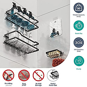 Homeify Bathroom Shower Caddy with Fogless Shower Mirror, 4 Pc Set Includes, 2 Adhesive Shower Shelves, Soap Holder & Fogless Mirror for Shower, No Drilling Rustproof Bathroom Shower Organizer (Black)