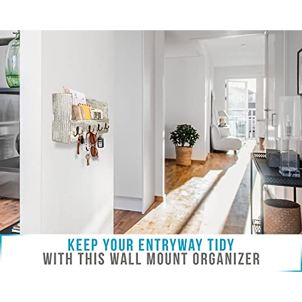 Comfify Wooden Wall Mount Mail Holder Organizer – Rustic Key Holder Organizer for Wall – Magazine Holder with 4 Double Key Hooks – Distressed White Rustic Wall Décor for Entryway