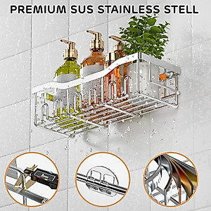 XIWAMA Shower Organizer No Drilling, 5 Pack Rustproof Stainless Steel Shower Shelves, Thickened Shower Caddy with Soap Holder and Hooks, Large Capacity Shower Shelf for Bathroom and Kitchen (Silver)