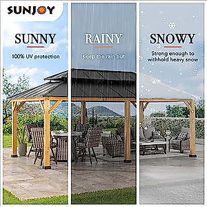 Sunjoy 12 x 20 ft. Wood Gazebo, Outdoor Patio Steel Hardtop Gazebo, Cedar Framed Wooden Gazebo with 2-Tier Metal Roof, Suitable for Patios, Lawn and Backyard, Dark Brown Roof + Natural Wood Frame