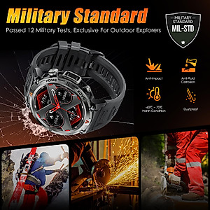 EIGIIS Military Smart Watch for Men Tactical Rugged with Bluetooth Call Flashlight 1.45'' Big Screen Fitness Tracker Heart Rate Sleep Monitor Waterproof Sports Smartwatch iPhone Android Black