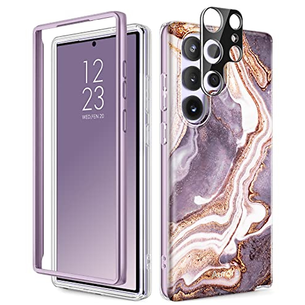 GVIEWIN Marble Bundle - Compatible with Samsung Galaxy S23 Ultra 6.8 Inch [No Built-in Screen Protector] + Phone Ring Holder (Burgundy/Gold) (2 Items Bundle)