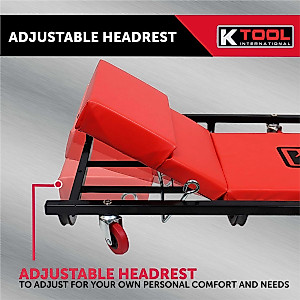 K Tool International 74961 40" Automotive Creeper with Adjustable Headrest for Garages, Repair Shops, and DIY, Fully Padded, (6) 2" Oil Resistant Rubber Castors, Heavy Duty Steel Frame, Red/Black