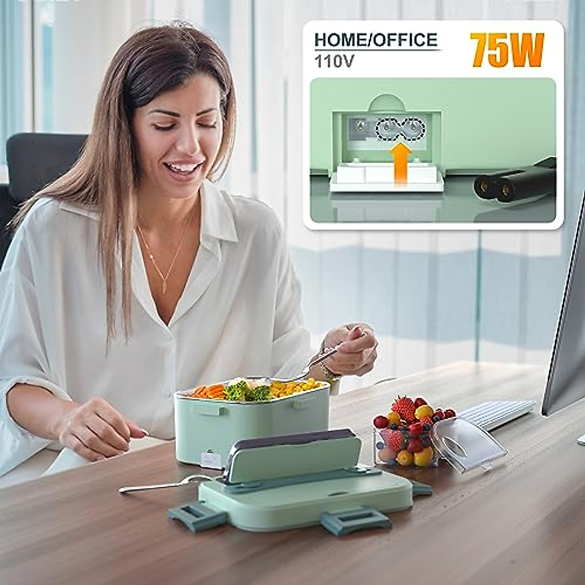 Adocfan Electric Lunch Box 75W 1.8L Food Warmer Heater 12V 24V 110V Faster Heated Lunch Box for Car/Truck/Home Portable Heating Boxes with 304 SS Container Fork & Spoon (Light green)