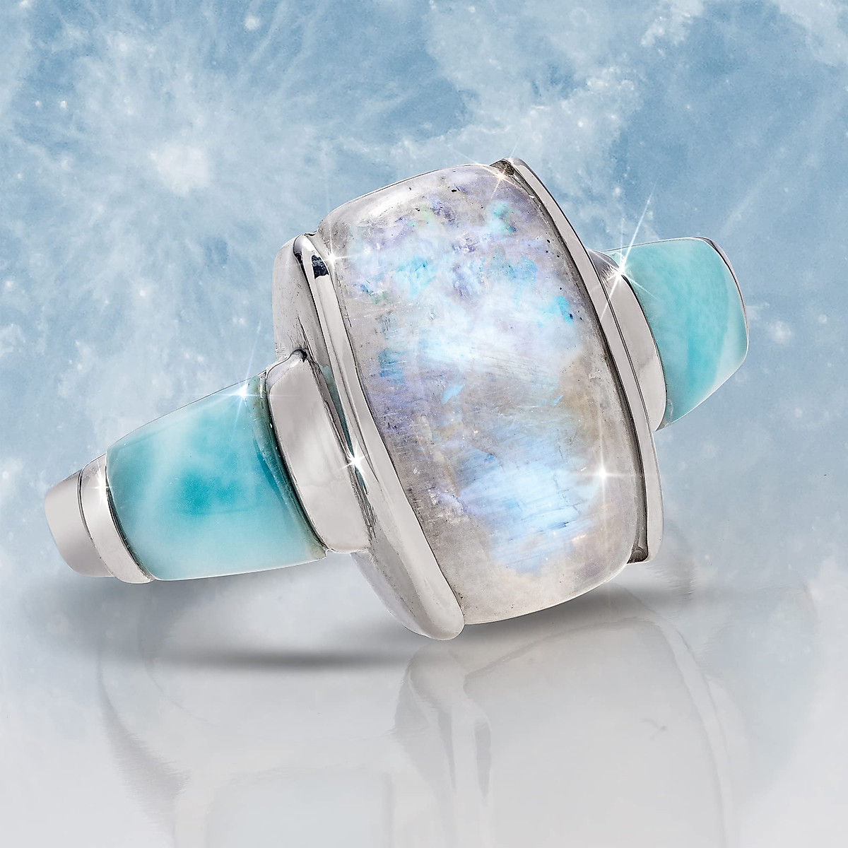 Stauer Larimar & Moonstone Ring – Genuine Gemstone Rings for Women – .925 Sterling Silver Rings for Women – Rare Larimar Jewelry Womens Rings size 07