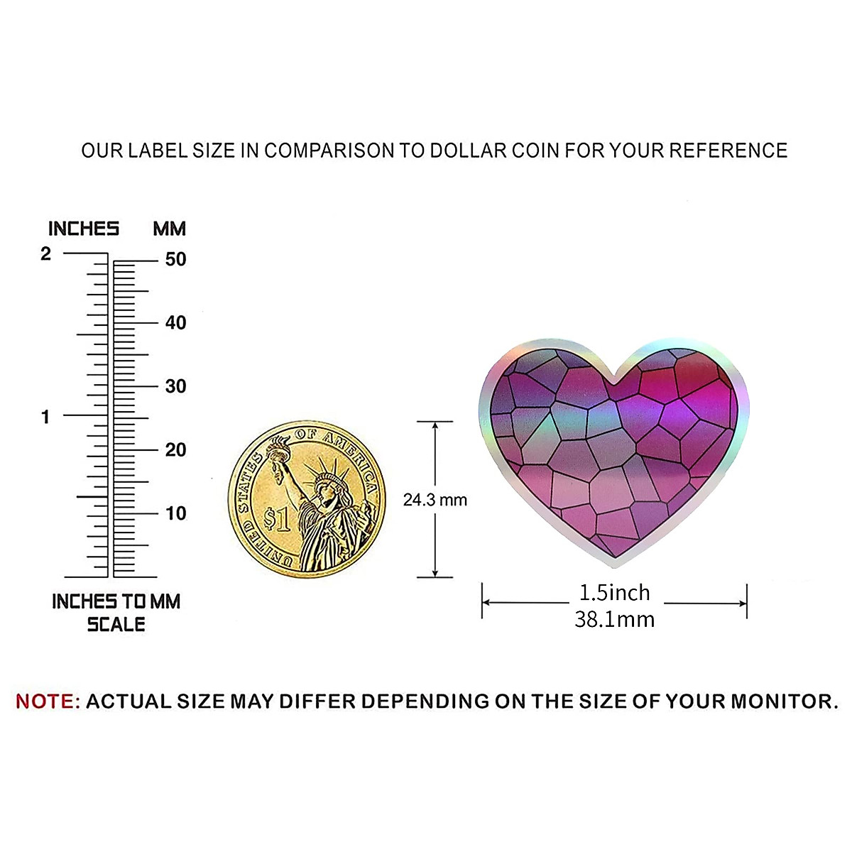 Mercei Heart Stickers with Stained Glass Background and Silver Holographic Frame, 1.5 inch Small Heart Shaped Adhensive Sticker Labels in a Roll, Decorative or Seal in Business and Personal Package