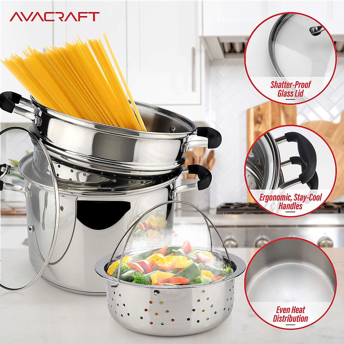 AVACRAFT 18/10 Stainless Steel, 4 Piece Pasta Pot with Strainer Insert, Stock Pot with Steamer Basket and Pasta Pot Insert, Pasta Cooker Set with Glass Lid, 7 Quart