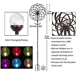 Solar Wind Spinner Willow Leaves-Improved 360 Degrees Swivel Multi-Color LED Lighting Solar Powered Glass Ball with Kinetic Wind Spinner-Metal Sculpture Construction-Outdoor Yard Lawn & Garden