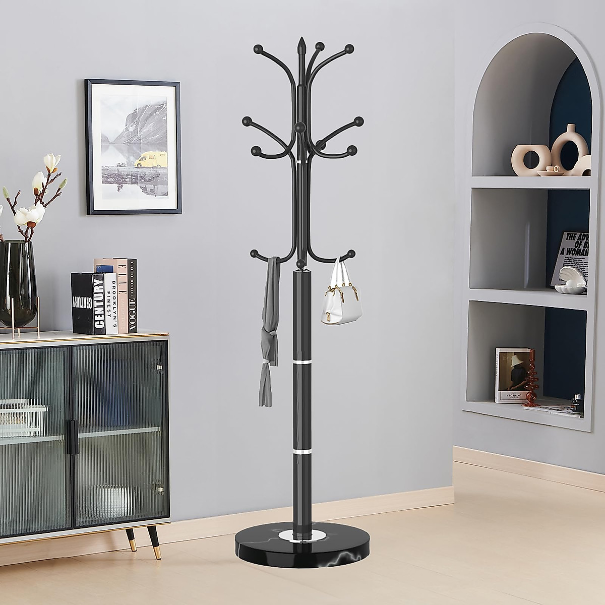 Snaikor Metal Coat Rack Freestanding, Sturdy Coat Rack Stand with Natural Marble Base, Coat Racks Tree Hats Hanger Holder Stand for Entryway, Hallway(12 Hooks)