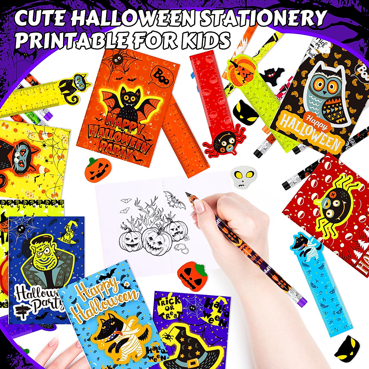 PURPERCAT Halloween Party Favor for Kids, 292 Pcs Large Halloween Stationery Set with Goody Treat Bags, Halloween Bulk Stationery for Class, Stationery Kit, Spooky Halloween Themed Party Gifts Prizes