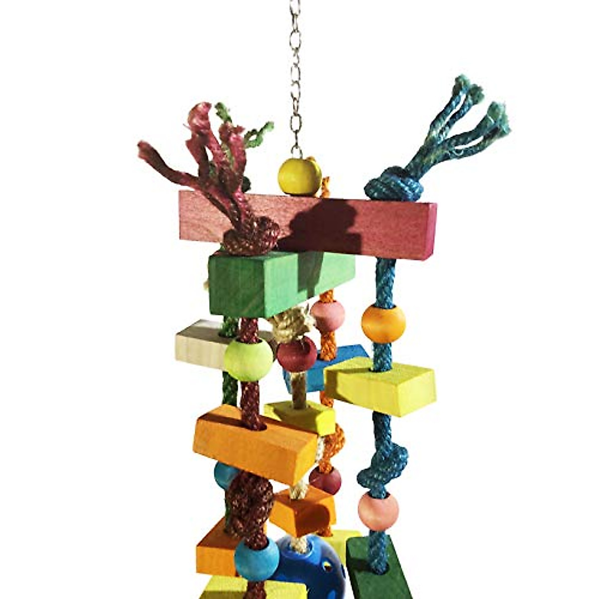 Bird Chew Toy SKWAKOCO. The Size 18" Multicolored Natural Wooden Blocks, Beads and Natural 100% Hemp Rope. Toy is Suggested for Large and Medium Parrot