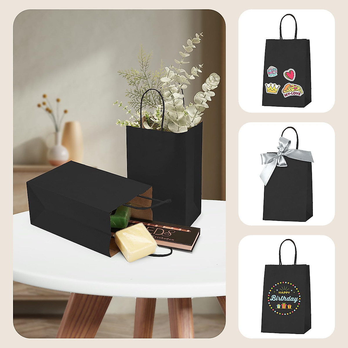 MESHA Gift Bags Black Paper Bags 5.25x3.75x8 Inches 20pcs Small Paper Bags with Handles Bulk,Black Kraft Bags,Grocery Shopping Bags,Wedding Party Favor Bags