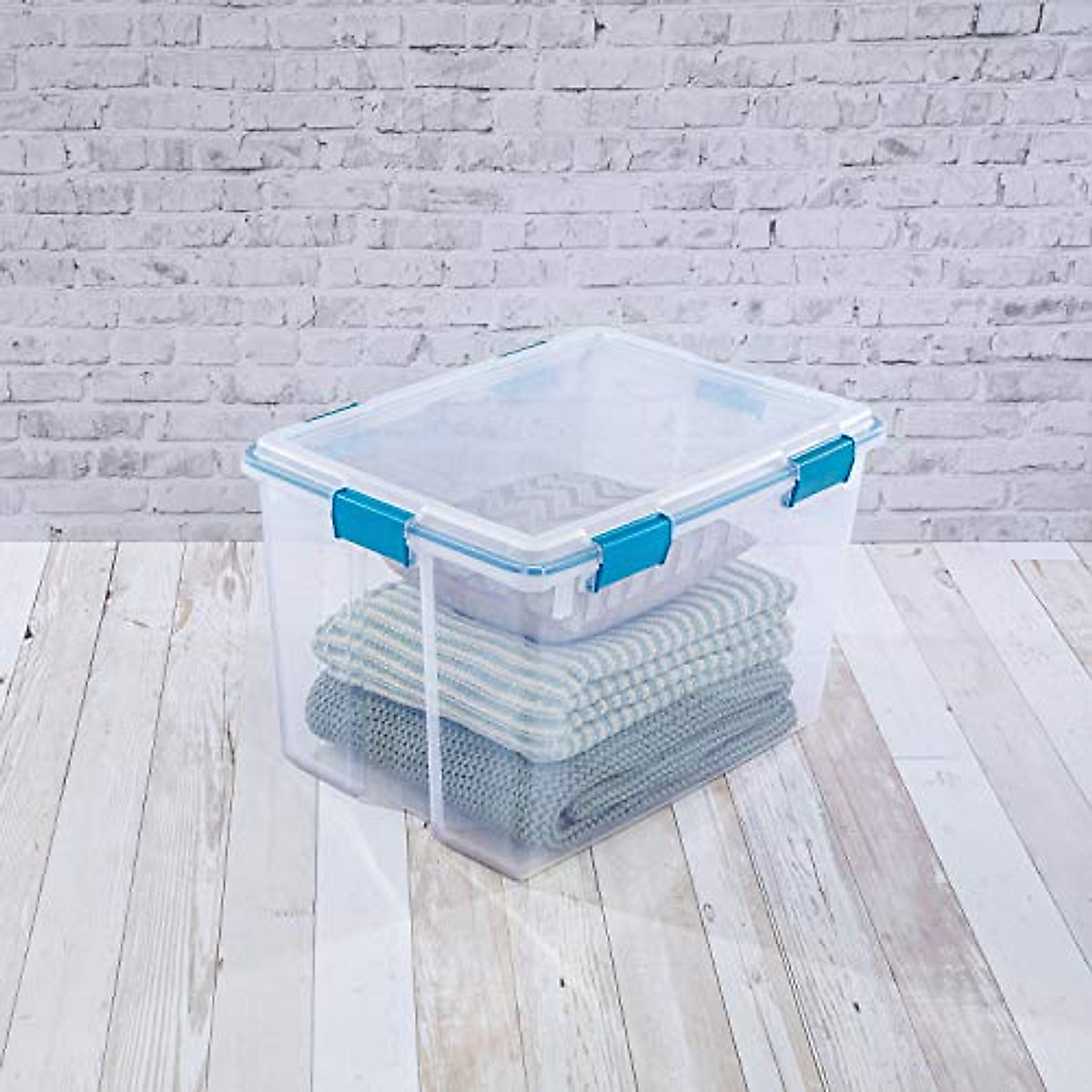 Sterilite 80 Quart Clear Plastic Stackable Storage Container Box Bin with Air Tight Gasket Seal Latching Lid Long Term Organizing Solution, 4 Pack